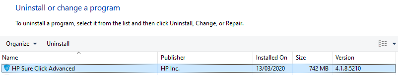 Hiding HP Sure Click Enterprise from Windows "Programs and Features"