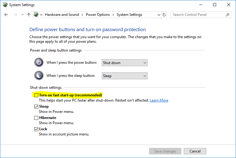 Disabling Windows 10 Fast Startup